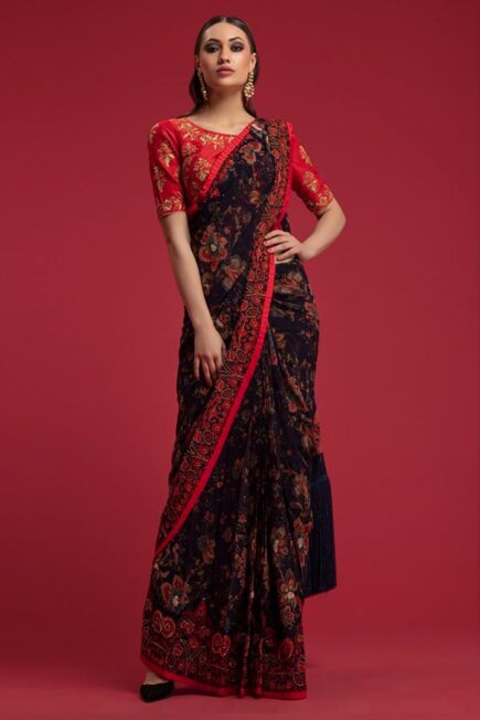 Navy printed sari - Indian Clothes Dallas, Custom Designed Dresses ...