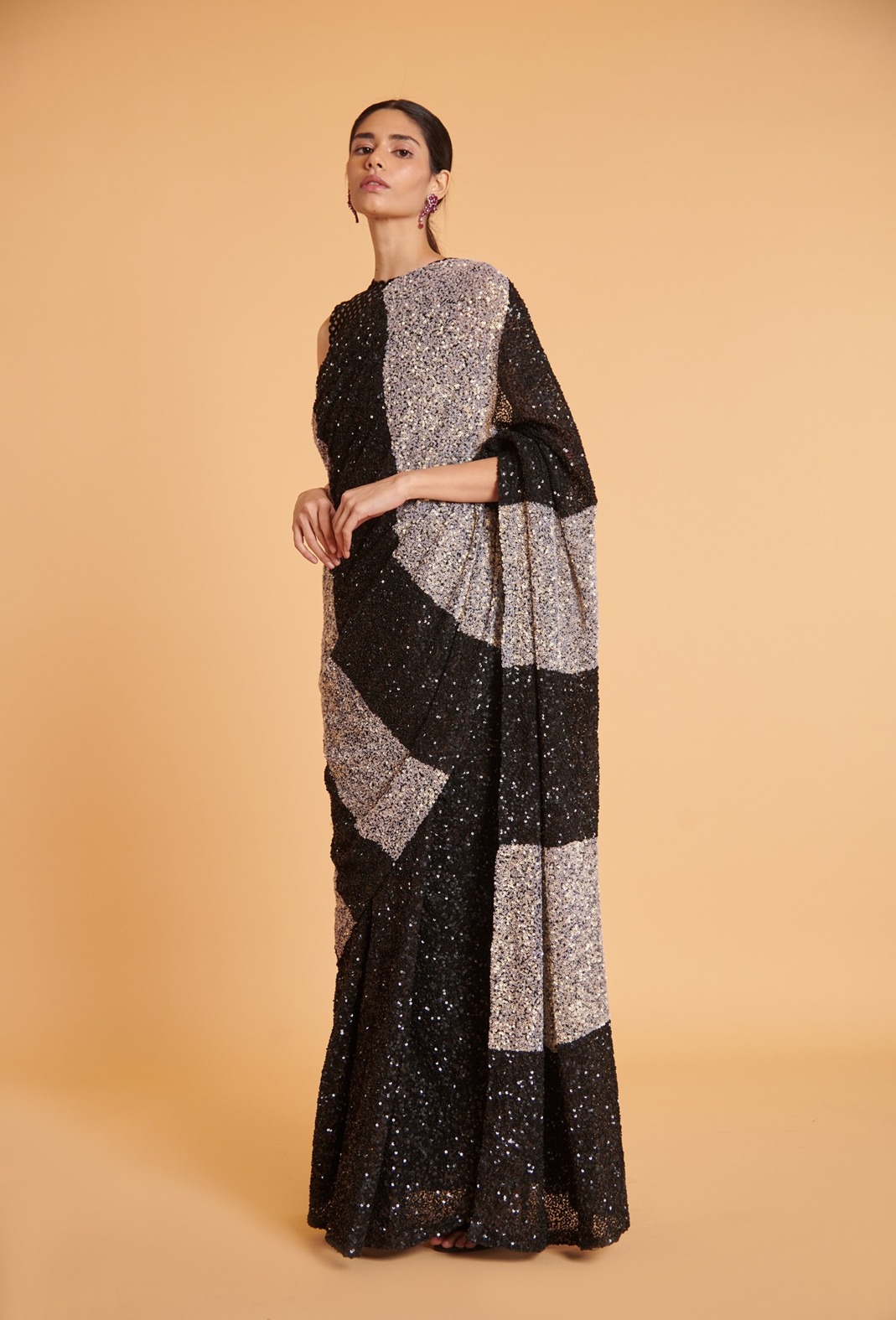 Ivory & Black Engineered Striped Sequin Net Saree - Indian Clothes in ...
