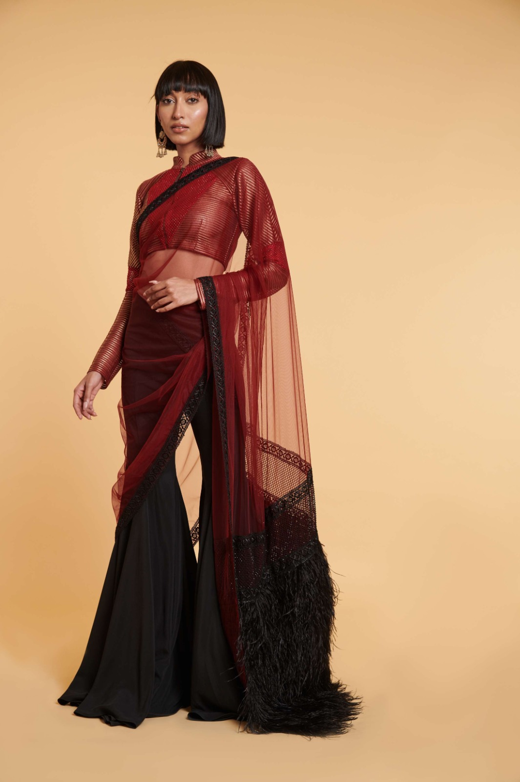 Red Multipaneled Blouse with Black Bell Bottoms - Indian Clothes in ...