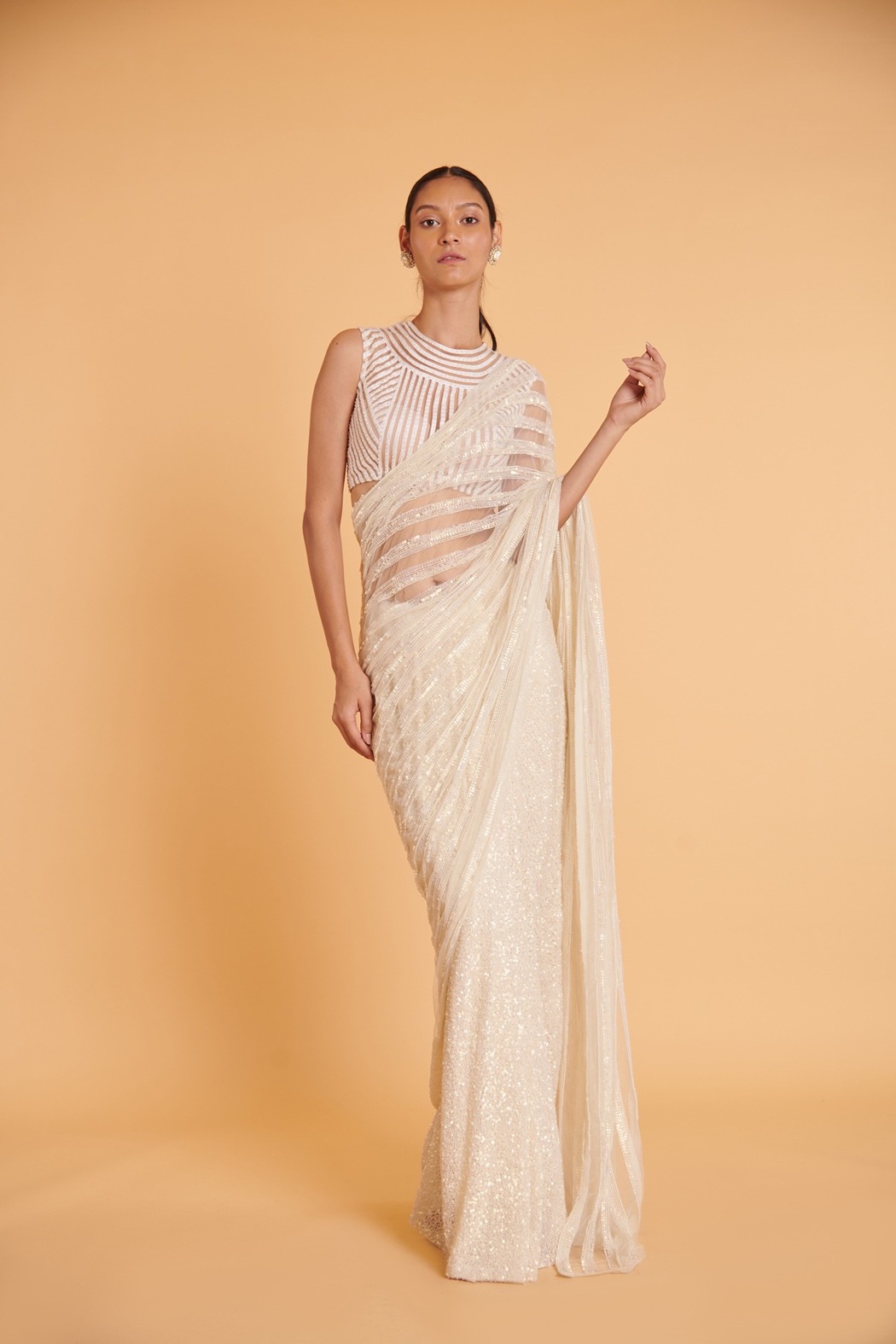 Ivory Hand Embroidered Sequin Net Saree - Indian Clothes in Dallas ...
