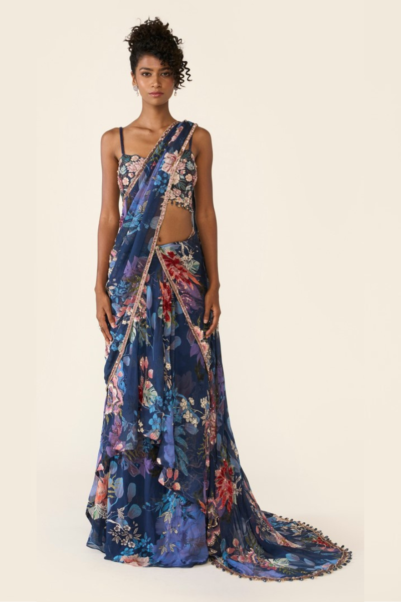 Blue Printed Concept Saree Set - Indian Clothes in Dallas - Custom ...