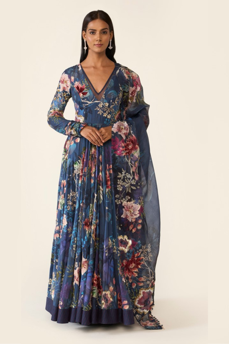 Blue Printed Anarkali Set - Indian Clothes in Dallas - Custom Designed ...