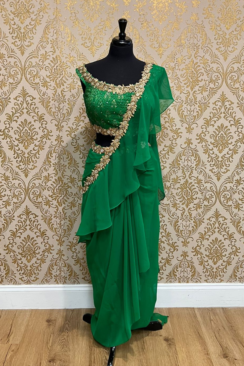 Emerald Green Readymade Ruffle Sari - Indian Clothes in Dallas - Custom ...